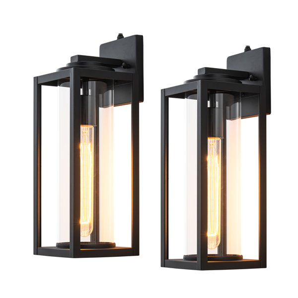 Breakwater Bay 2 Pack Dusk To Dawn Matte Black Outdoor Wall Light With Cylinder Clear Glass ...